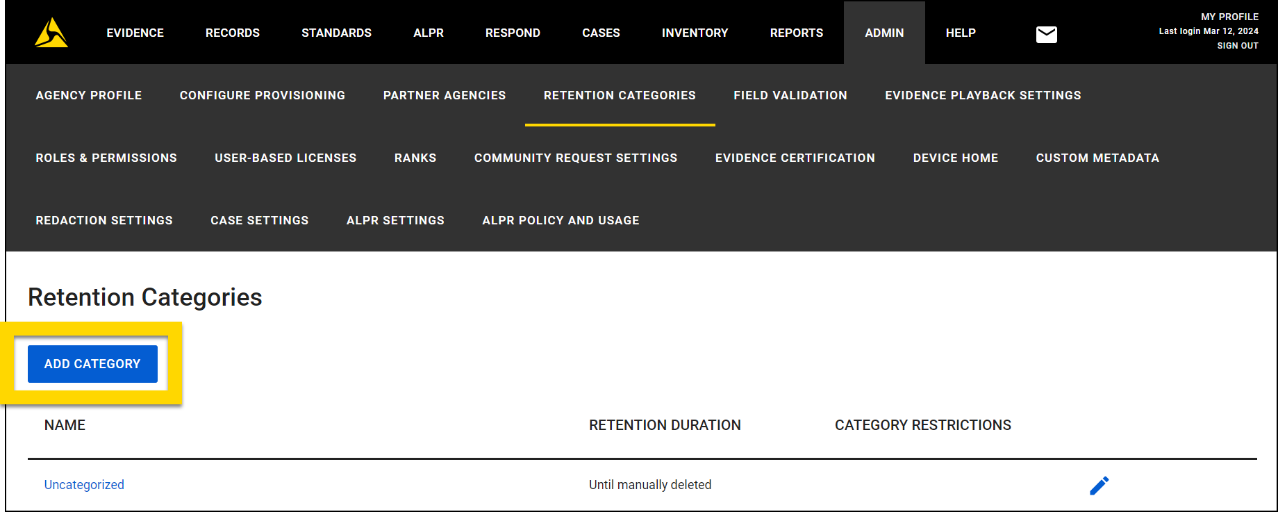 Set evidence category start date - Axon app